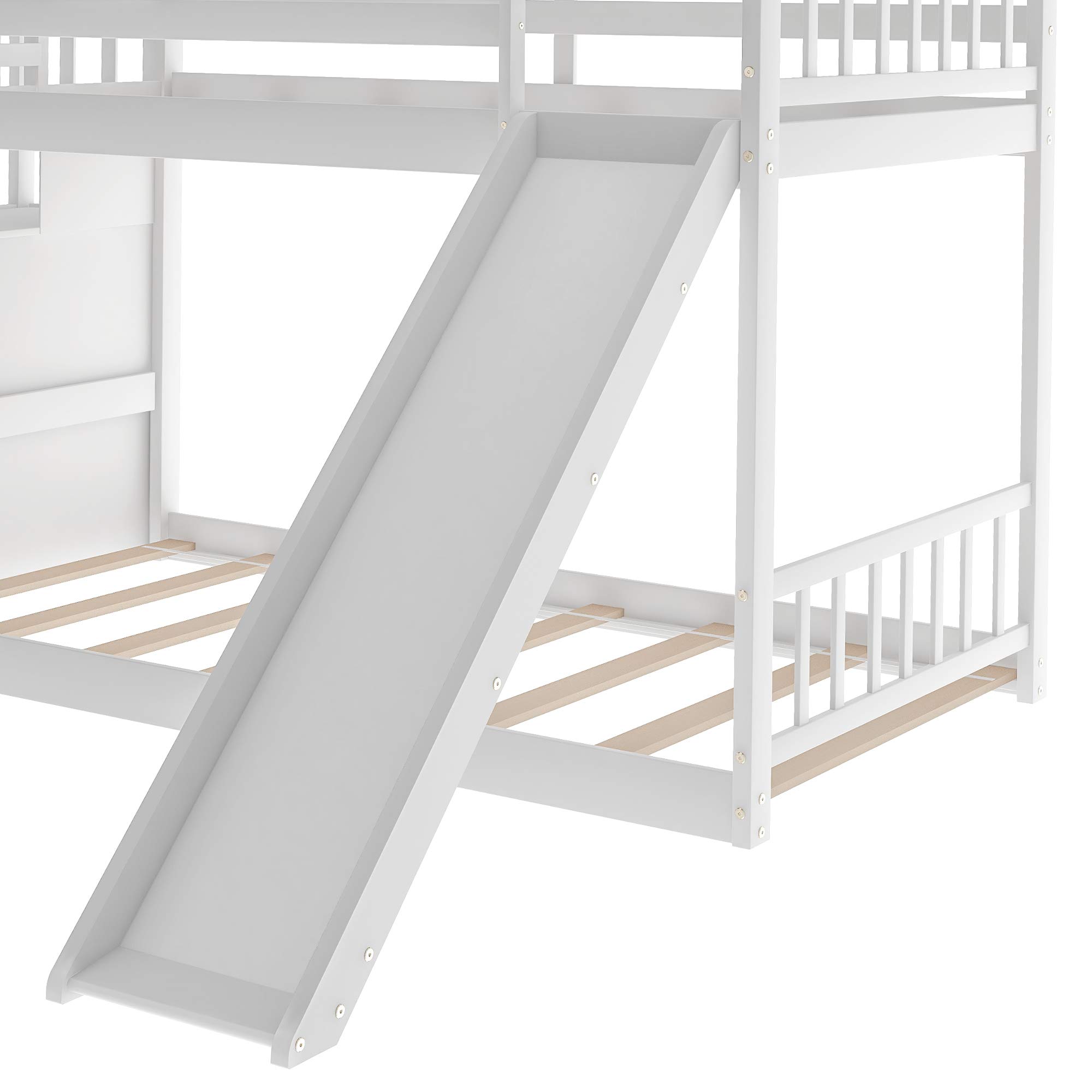 SOFTSEA Twin Over Twin Floor Bunk Bed with Slide and Stairs Wooden Bunk Beds for Kids, No Box Spring Needed(White)