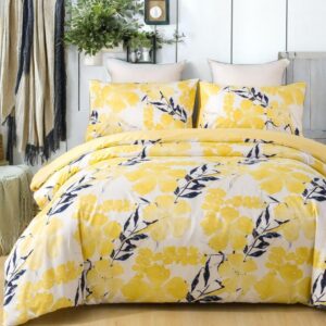 tache elegant watercolor tropical spring floral bright yellow ivory black blue printed flower patterns soft microfiber zipper closure corner ties reversible duvet cover, king