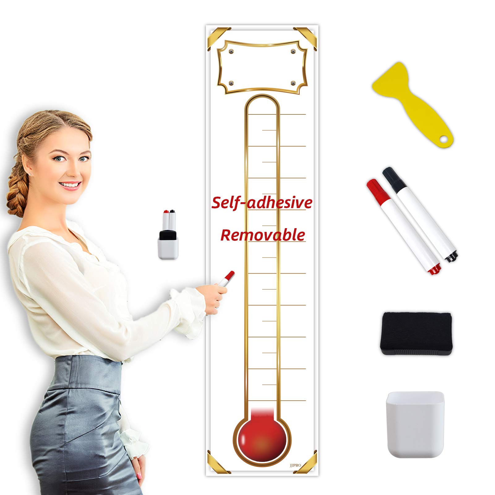 Fundraising Thermometer Chart Goal Tracker Decal - 48"x12" - Dry Erase Goal Setting Wall Poster Thermometer - Removable Giant Sales Goal Vinyal Sticker