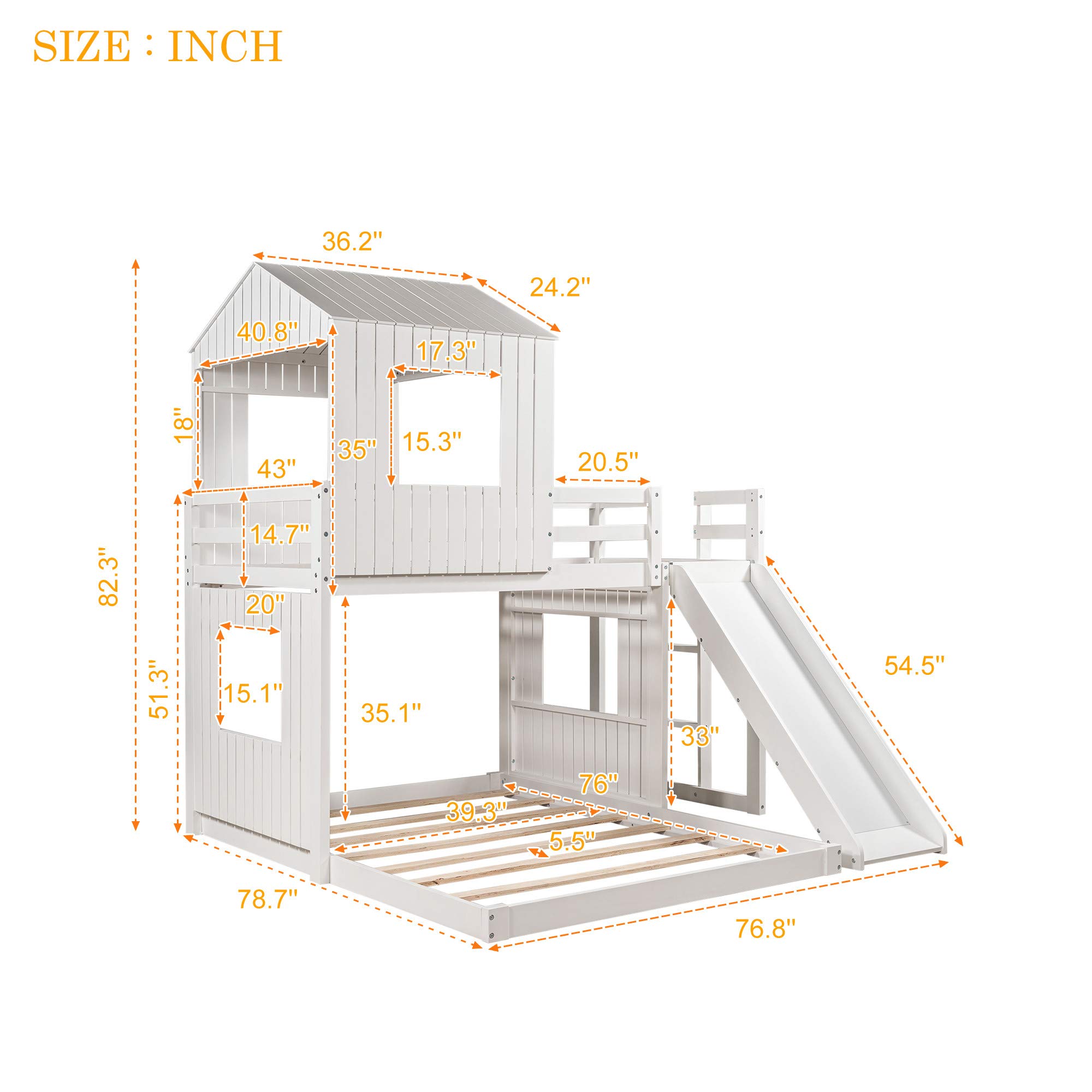 DERCASS Twin Over Full Bunk Bed, Wooden Bed Frame with Playhouse, Farmhouse, Ladder & Guardrails for Kids, Toddlers, Boys & Girls (White)