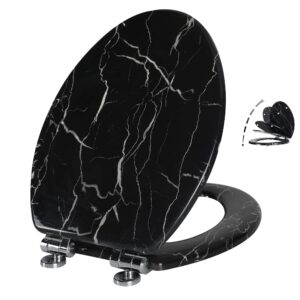 angel shield marble toilet seat durable molded wood with quiet close,easy clean，quick-release hinges (elongated,black marble)