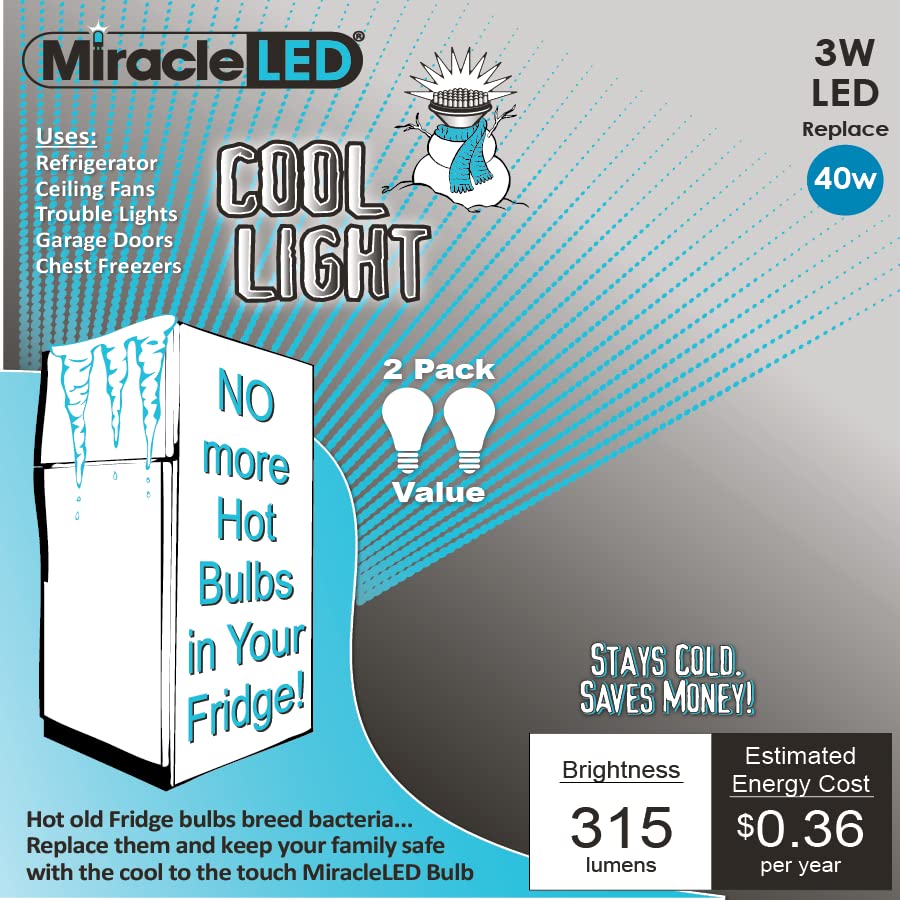 Un-Edison 3-Watt Cool Light for KitchenAid Refrigerators, 40W Equivalent, 120V E26 Cool White 6000K, A15 Energy Saving Appliance Bulbs, 2-Pack