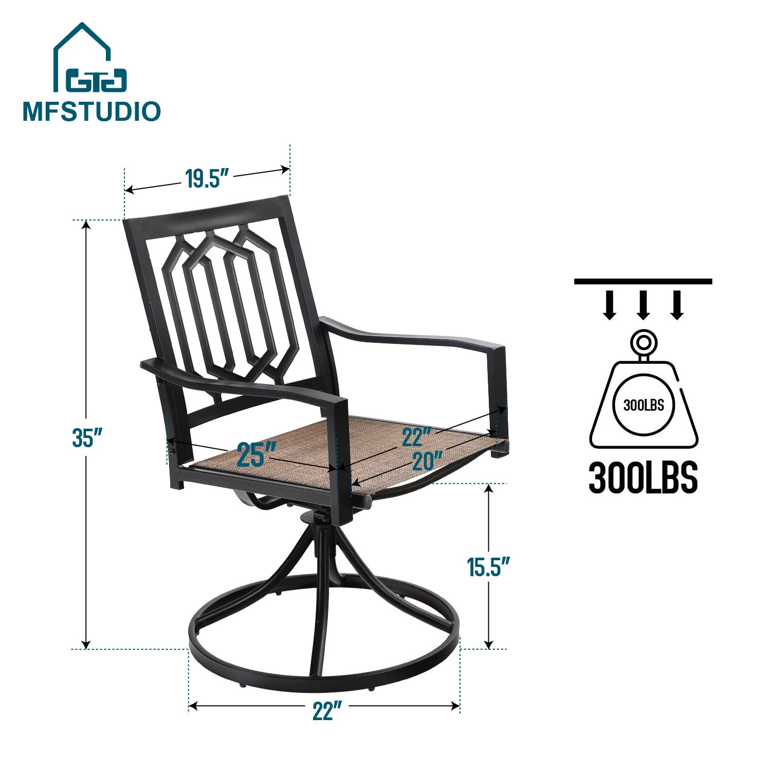 MFSTUDIO 2 Pieces Patio Dining Textilene Metal Swivel Chairs Weather Resistant Garden Outdoor Modern Furniture, Sling Mesh Black Steel Frame