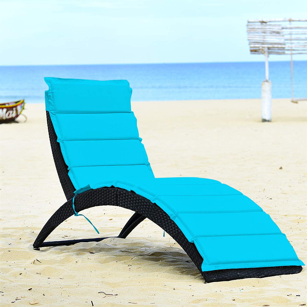 Tangkula Foldable Patio Lounge Chair, Outdoor Rattan Lounger Chaise, Portable Patio Chaise with Cushion, All-Weather Wicker Furniture for Garden Lawn Balcony Backyard Poolside (1, Turquoise)