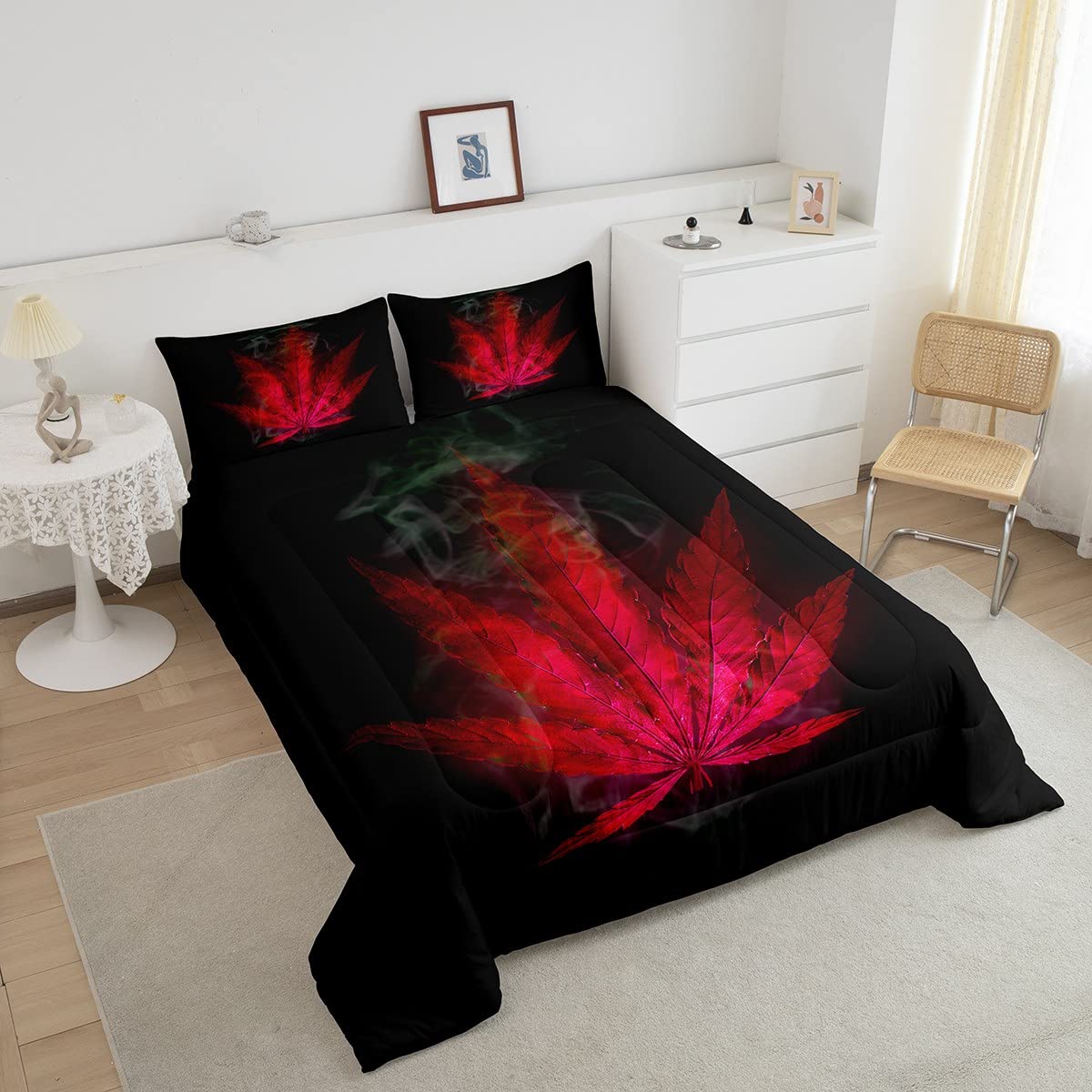 Marijuana Comforter Set Red Cannabis Leaf Printed Down Comforter, for Adult Women Teens Marijuana Weed Leaf Quilted Duvet Exotic Leaves Rustic Soft Duvet Insert Boho Trippy Hippie Theme Quilt, Queen