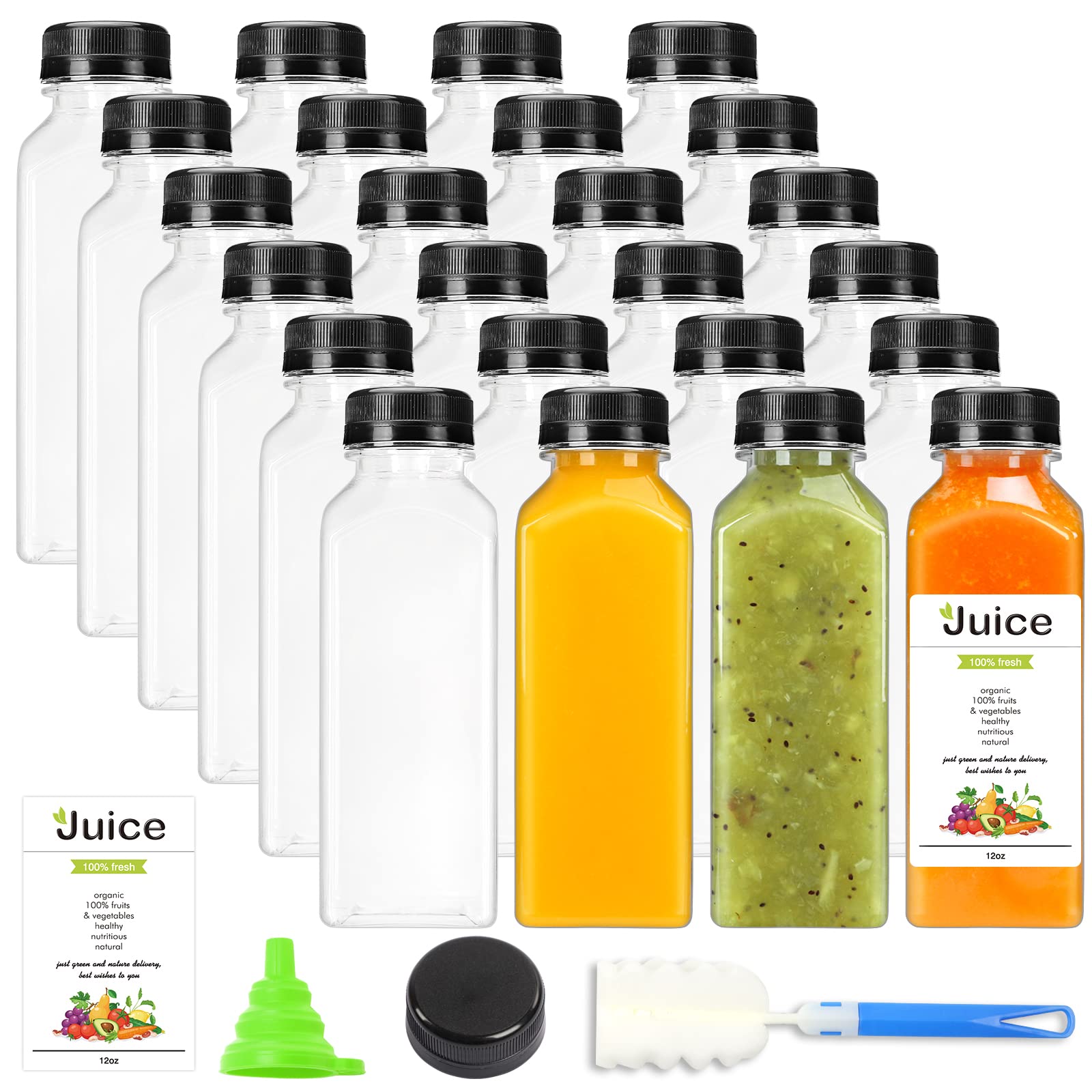 DEPEPE 24pcs 12oz Juice Bottles, Plastic Juice Bottles with Caps, Empty Clear Containers with Tamper Seal Lids for Juicing, Smoothie Milk Water and Other Beverages