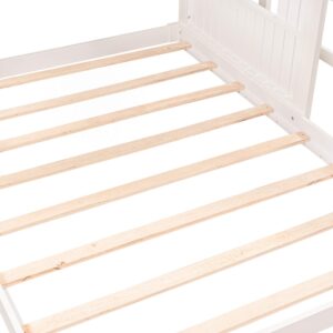 DERCASS Twin Over Full Bunk Bed, Wooden Bed Frame with Playhouse, Farmhouse, Ladder & Guardrails for Kids, Toddlers, Boys & Girls (White)