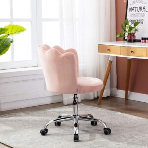 Goujxcy Cute Pink Desk Chair, Modern Velvet Vanity Makeup Chair, 360° Swivel Height Adjustable Comfy Accent Chair Rolling Chair for Home Office Bedroom Living Room (Pink)