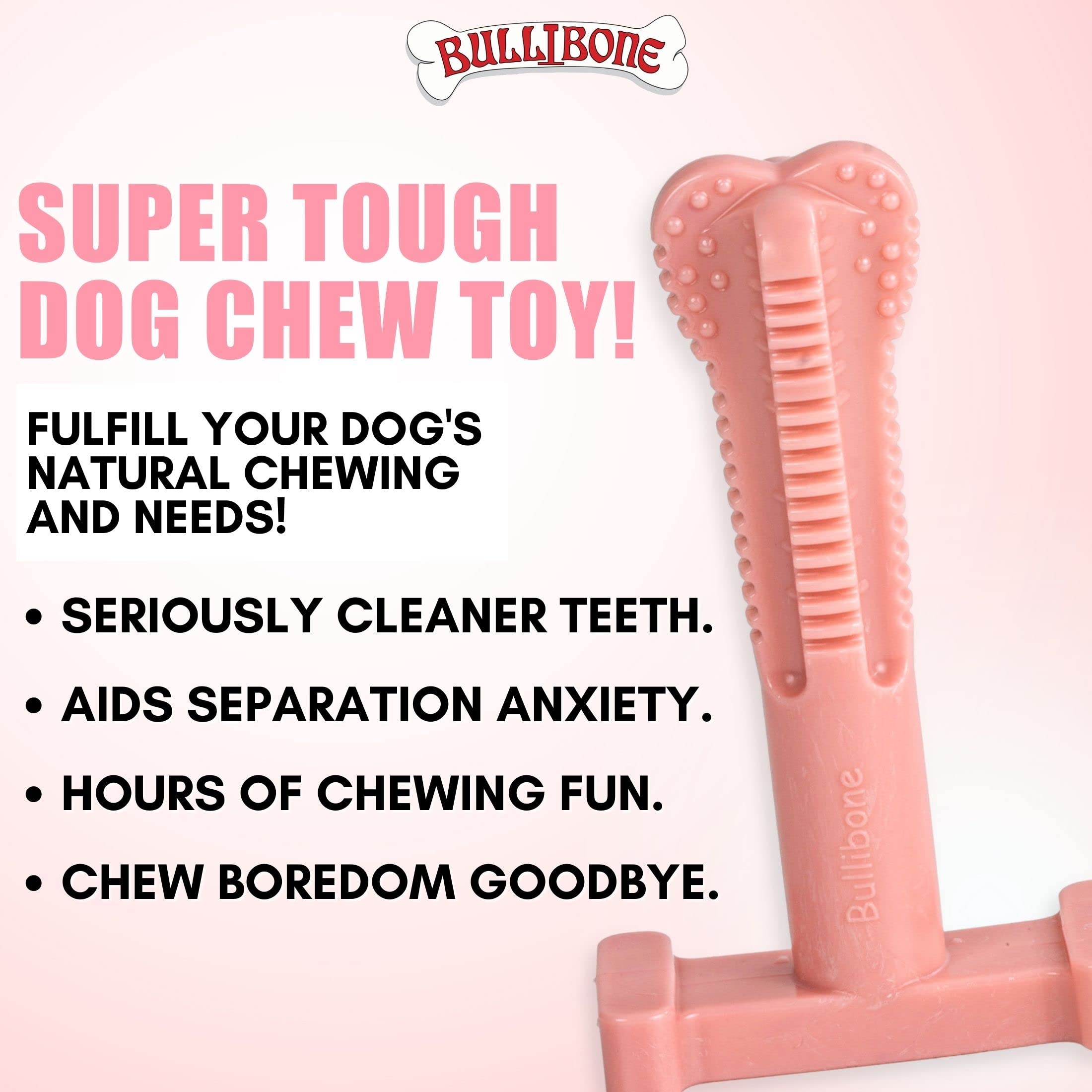 Bullibone SuperBrush: Dog Teeth Cleaning Brushing Toothbrush Stick - Long Lasting Nylon Pink Peppermint Chew Toy for Oral Care and Dental Health