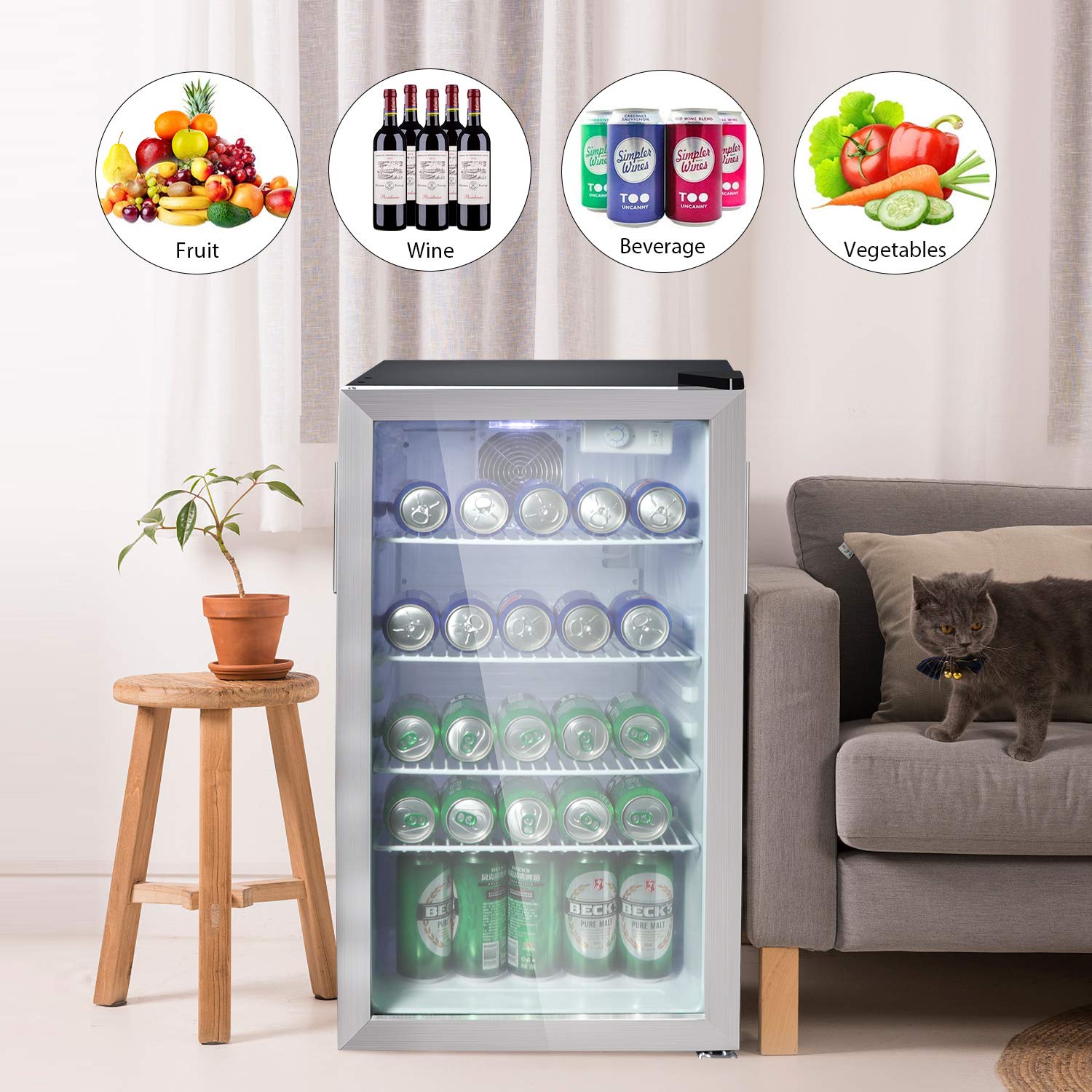 COOLLIFE Mini Fridge Cooler with Glass, 100 Can Beverage Refrigerator with Reversible Door for Beer Soda or Wine-3.2cu ft Small Drink Center Dispenser Perfect for Office/Basements/Home Bar