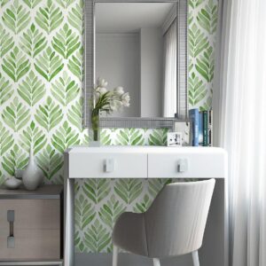 HAOKHOME Boho Peel and Stick Wallpaper Floral Tulip Leaves Green/White Removable Bathroom Kitchen Contact Paper Home Wall Decor 17.7in x 9.8ft