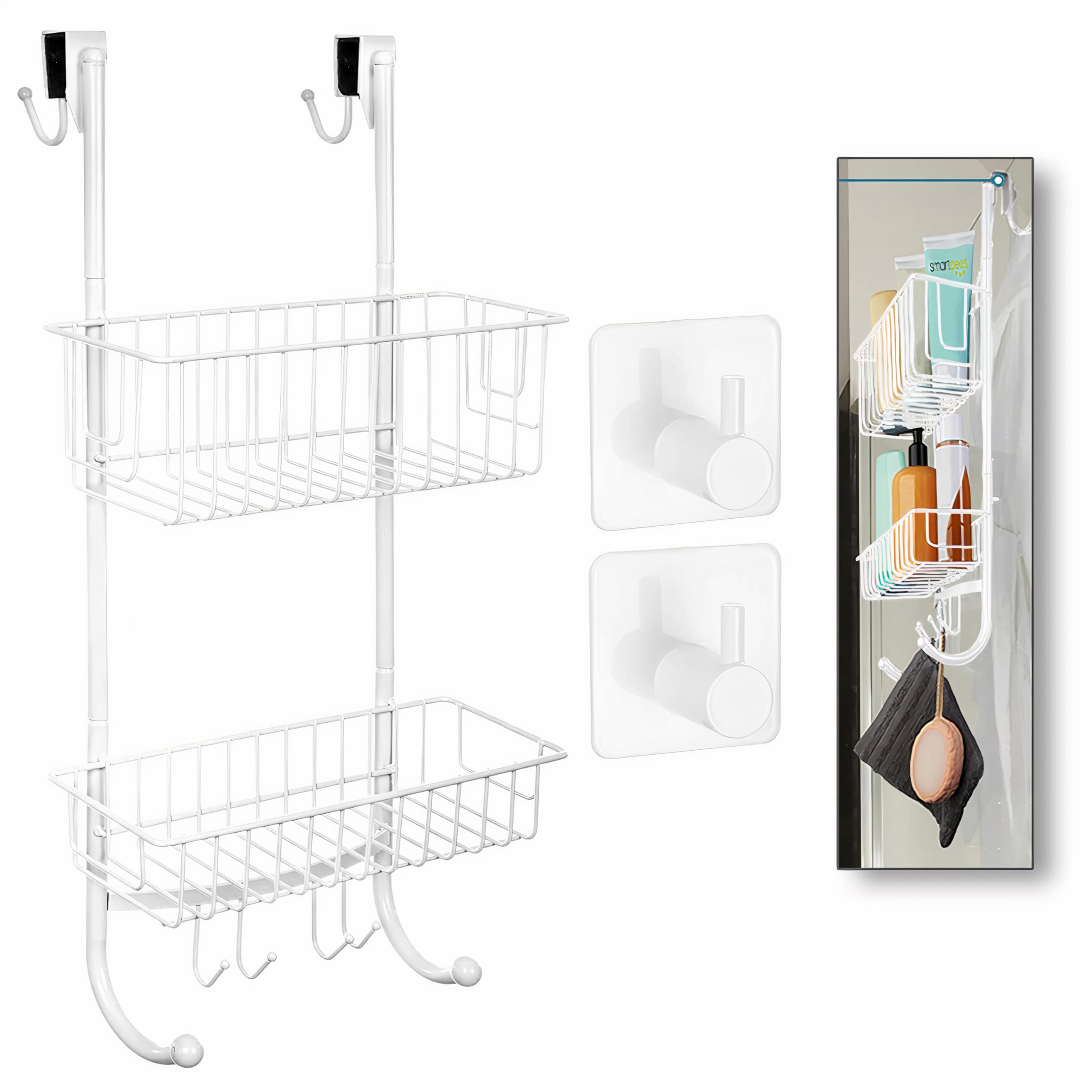 smartpeas Hanging Shower Shelf In White – 3 X Shower Shelf Levels – 85,5 X 30 X 11 Cm – Stainless Steel – Shower Caddy With No Drilling Required + 2 Stainless Steel Adhesive Hooks!