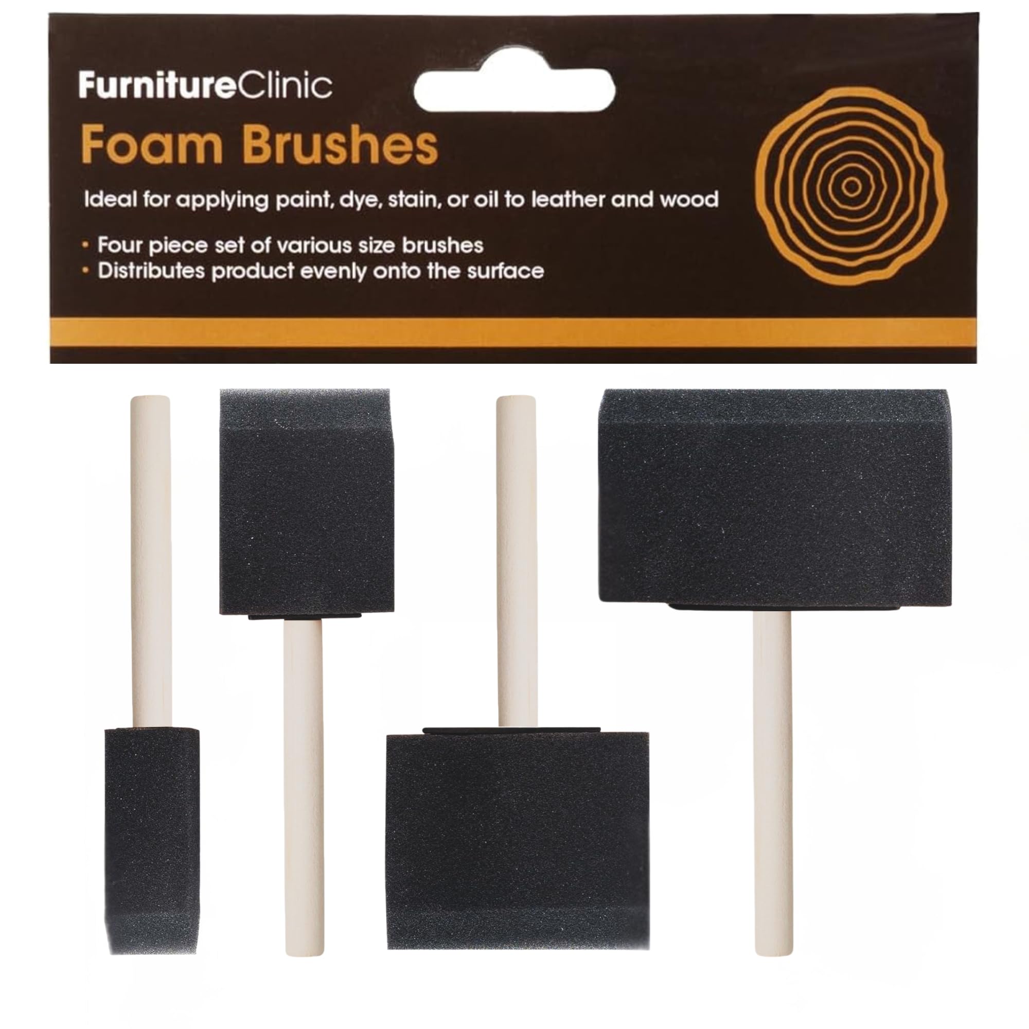 Furniture Clinic Foam Brushes | for Stain, Varnish, Oil, Paint, Dye, Sealants, and More | Perfect for Wood Furniture, Cabinets, Crafts, DIY and More | Washable and Reusable (4 Pack)