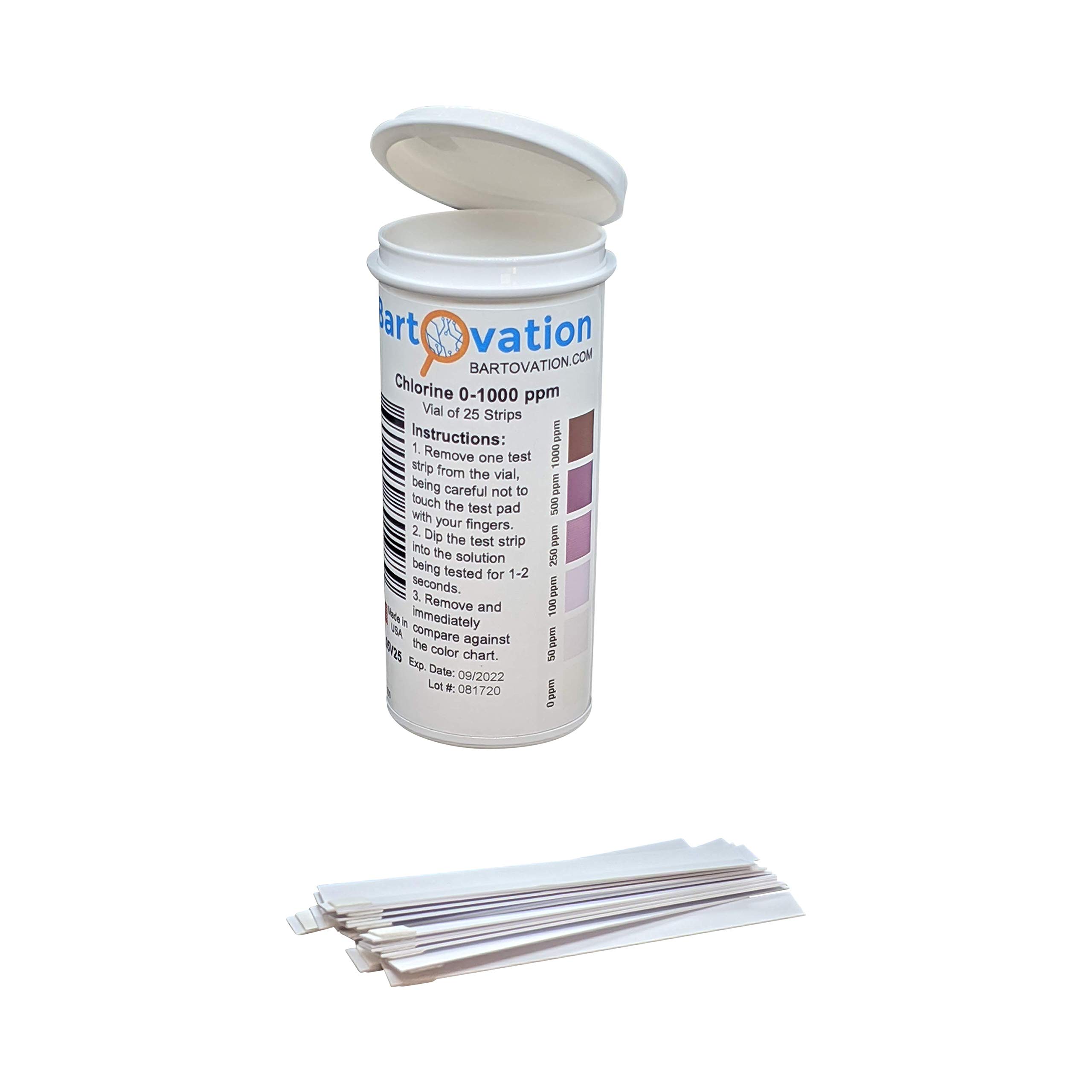 Free Chlorine/Bleach Test Strips, 0-1000 ppm [Vial of 25 Strips]