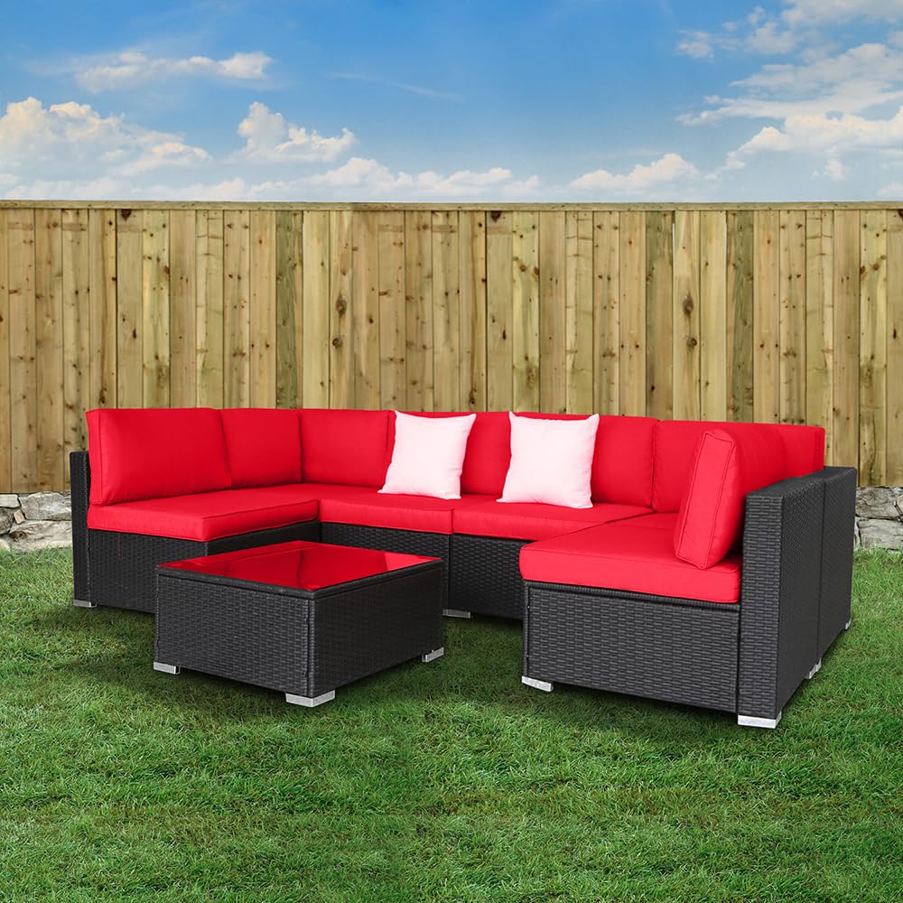 Excited Work 7PCs Outdoor Patio Rattan Sofa, Sectional Furniture Sets Manual Weaving Wicker Conversation Set with Pillow, Cushions and Coffee Table (Red)