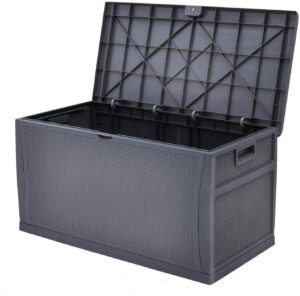 cemeon 120 gallon outdoor large deck storage box, resin wicker patio storage container for patio cushions, gardening tools and toys (dark gray)