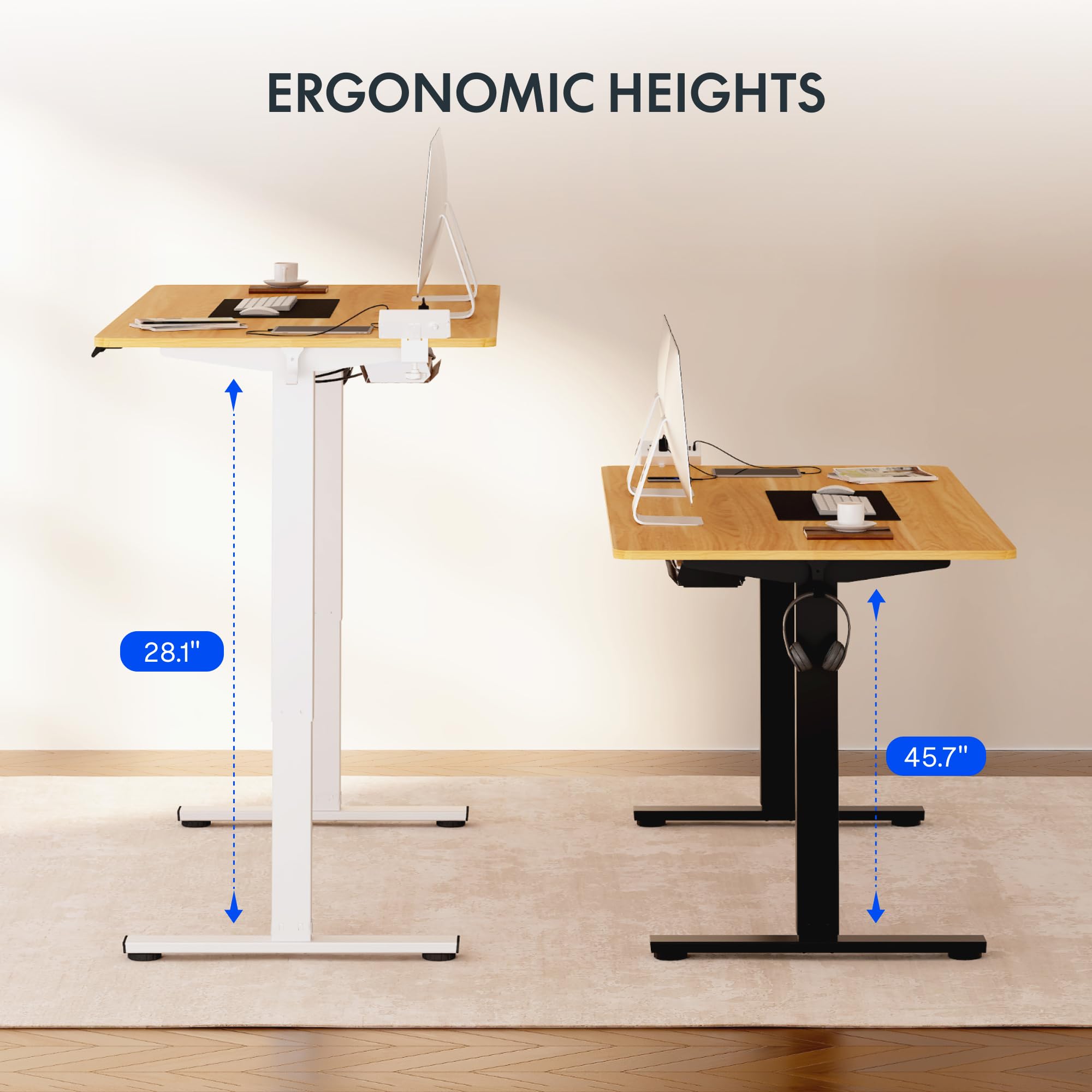 FLEXISPOT EN2 Whole-Piece Standing Desk with Clamp Power Strip, 55 x 28 Electric Stand Up Height Adjustable Desk with Cable Management (Black Frame + 55" Maple Top, 2 Packages)