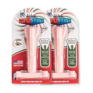 bullibone superbrush: dog teeth cleaning brushing toothbrush stick - long lasting nylon pink peppermint chew toy for oral care and dental health