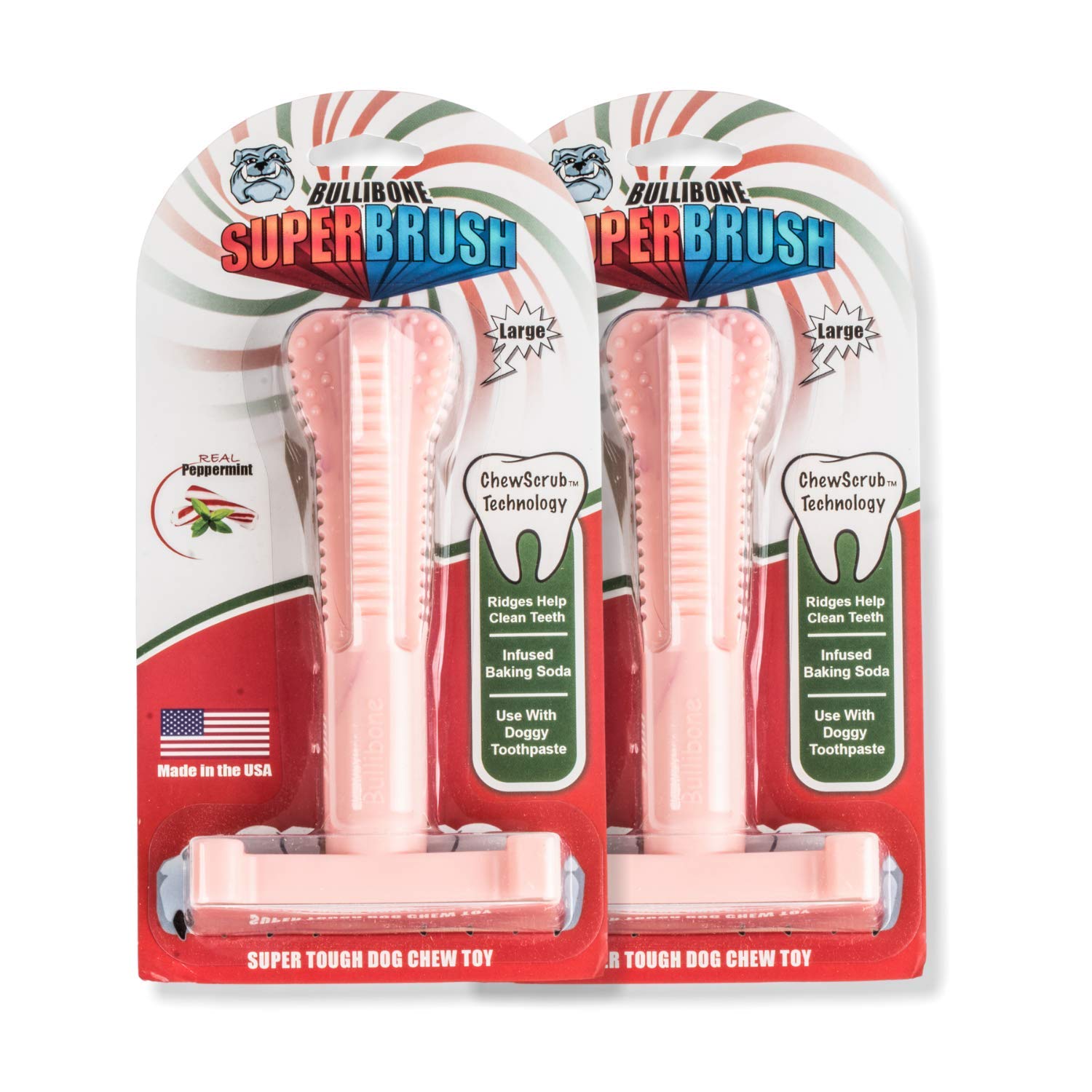 Bullibone SuperBrush: Dog Teeth Cleaning Brushing Toothbrush Stick - Long Lasting Nylon Pink Peppermint Chew Toy for Oral Care and Dental Health