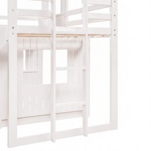 DERCASS Twin Over Full Bunk Bed, Wooden Bed Frame with Playhouse, Farmhouse, Ladder & Guardrails for Kids, Toddlers, Boys & Girls (White)