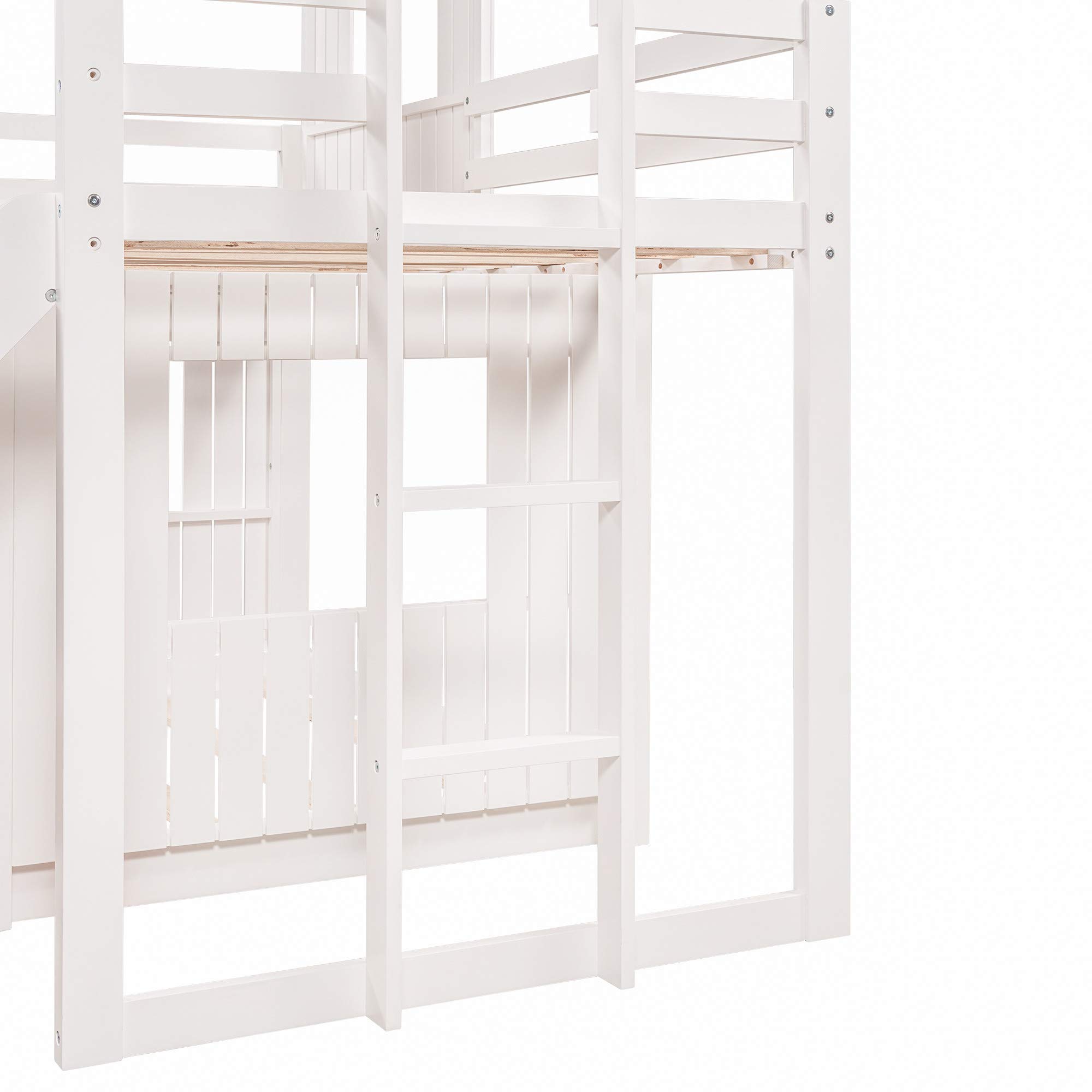 DERCASS Twin Over Full Bunk Bed, Wooden Bed Frame with Playhouse, Farmhouse, Ladder & Guardrails for Kids, Toddlers, Boys & Girls (White)