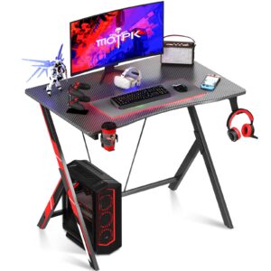 motpk gaming desk 31 inch, small gaming desk for kids, gift idea, pc computer desk, home office desk workstation with carbon fiber surface, gaming table with headphone hook and cup holder