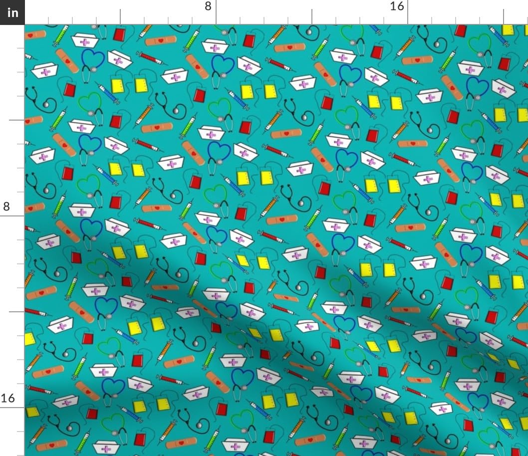 Spoonflower Fabric - Nurse Theme Medical Care Turquoise Blue Printed on Petal Signature Cotton Fabric Fat Quarter - Sewing Quilting Apparel Crafts Decor