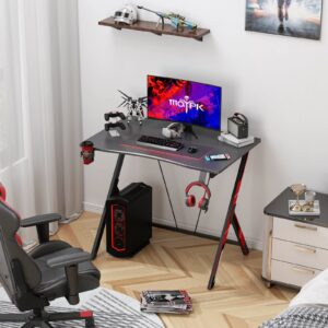 MOTPK Gaming Desk 31 inch, Small Gaming Desk for Kids, Gift Idea, PC Computer Desk, Home Office Desk Workstation with Carbon Fiber Surface, Gaming Table with Headphone Hook and Cup Holder