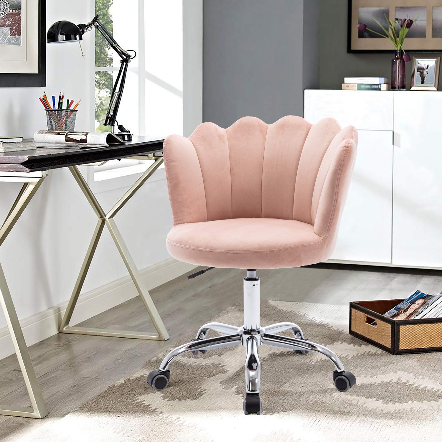 Goujxcy Cute Pink Desk Chair, Modern Velvet Vanity Makeup Chair, 360° Swivel Height Adjustable Comfy Accent Chair Rolling Chair for Home Office Bedroom Living Room (Pink)