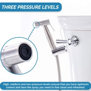 Bidet - Stainless Steel - Hand-Held Sprayer Attaches to Toilet - 59-Inch Hose Convenient for Additional Cleaning Activities - Three Pressure Levels - Toilet Hook Holder - Brushed Finish