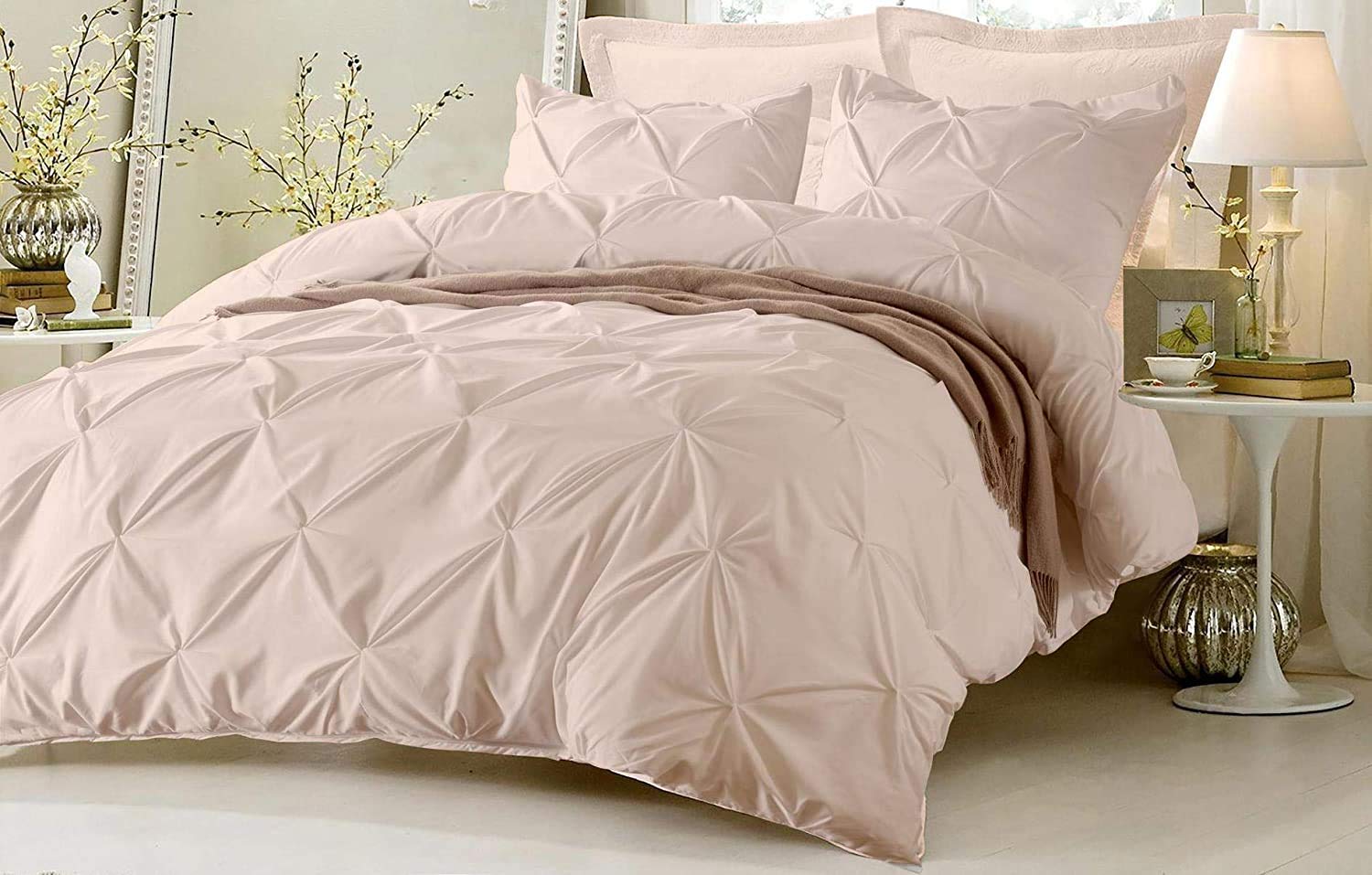 Kamas Duvet Cover Pinch Pleated Design 3 Pieces Oversized King Blush Duvet Cover Set 100% Egyptian Cotton 1000 Thread Count with Zipper & Corner Ties Tuffed Pattern Decorative