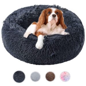 kimpets dog bed calming dog beds for small medium large dogs - round donut washable puppy dog bed, anti-slip faux fur fluffy donut cuddle anxiety cat pet bed(20" dark grey)