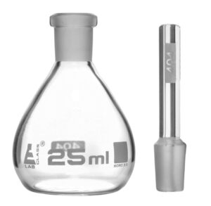 eisco pycnometer, calibrated, 25ml - specific gravity bottle with flat bottom & perforated stopper - borosilicate 3.3 glass