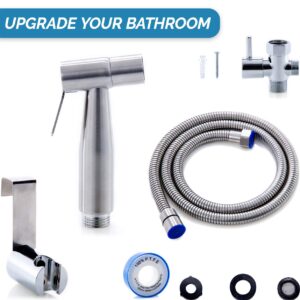 Bidet - Stainless Steel - Hand-Held Sprayer Attaches to Toilet - 59-Inch Hose Convenient for Additional Cleaning Activities - Three Pressure Levels - Toilet Hook Holder - Brushed Finish