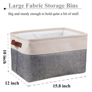 WEHUSE Large Cloth Storage Baskets for Shelf, Collapsible Fabric Rectangular Closet Storage Bins with Leather Handles, Grey 15.8 L x 12 W x 10 H Inch