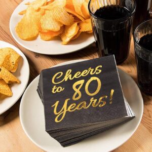 80th Birthday Decorations for Men Women Party Supplies Cocktail Napkins Black 50 Pack,5"x 5" Folded,Cheers to 80 Years! (80)