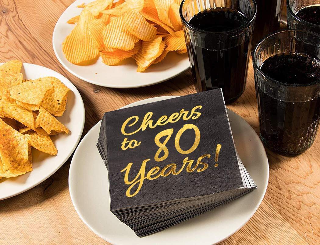 80th Birthday Decorations for Men Women Party Supplies Cocktail Napkins Black 50 Pack,5"x 5" Folded,Cheers to 80 Years! (80)