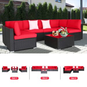 Excited Work 7PCs Outdoor Patio Rattan Sofa, Sectional Furniture Sets Manual Weaving Wicker Conversation Set with Pillow, Cushions and Coffee Table (Red)