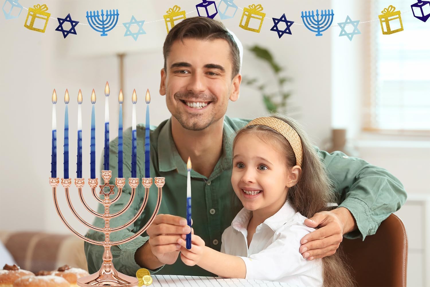 The Dreidel Company Dripless Deluxe Tapered Pastel Blue and White Hanukkah Menorah Candles for All 8 Nights of Chanuka