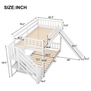 SOFTSEA Twin Over Twin Floor Bunk Bed with Slide and Stairs Wooden Bunk Beds for Kids, No Box Spring Needed(White)