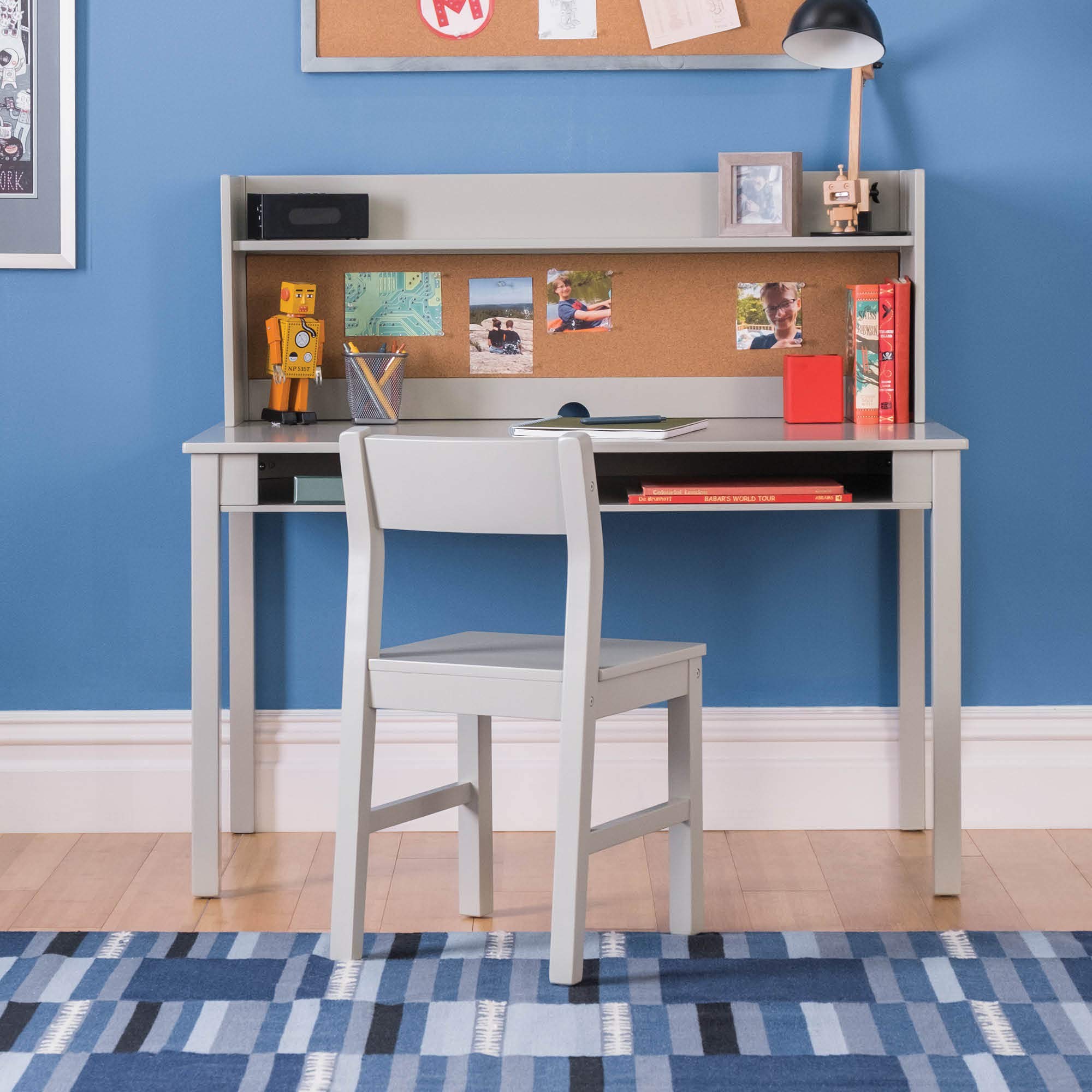 Martha Stewart Kids' Desk with Hutch and Chair Set by Guidecraft - Gray: Kids Table and Chair Set with Storage Cubbies and Bulletin Board, Wooden Study Desk for Boys or Girls Bedroom