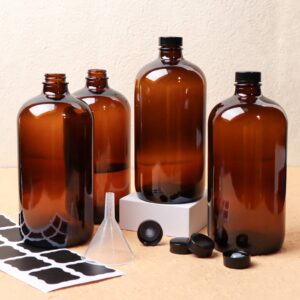 HWASHIN 4 Pack 32 oz Amber Boston Round Glass Bottles with Black Caps for Secondary Kombucha Fermentation and Lab Chemicals (1 Funnel and 10 Pieces Black Chalkboard Labels Included)