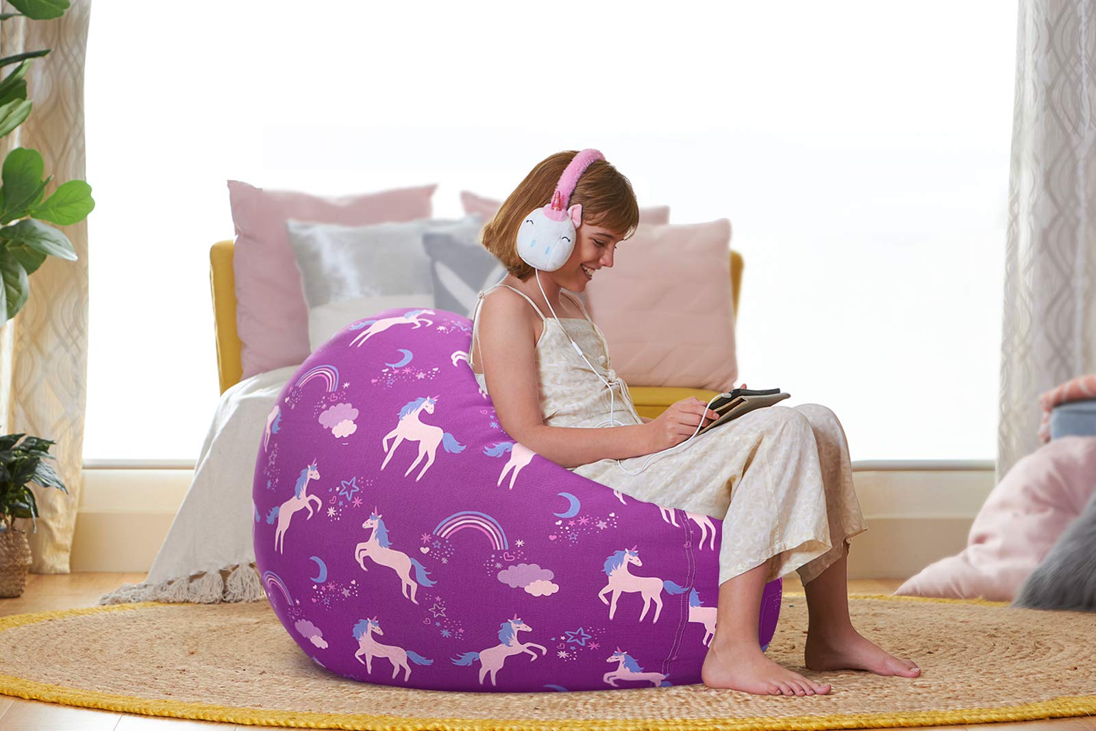 Aubliss Stuffed Animal Bean Bag Storage Chair (Purple Unicorn, Large (38''))