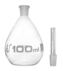 eisco pycnometer, calibrated, 100ml - specific gravity bottle with flat bottom & perforated stopper - borosilicate 3.3 glass