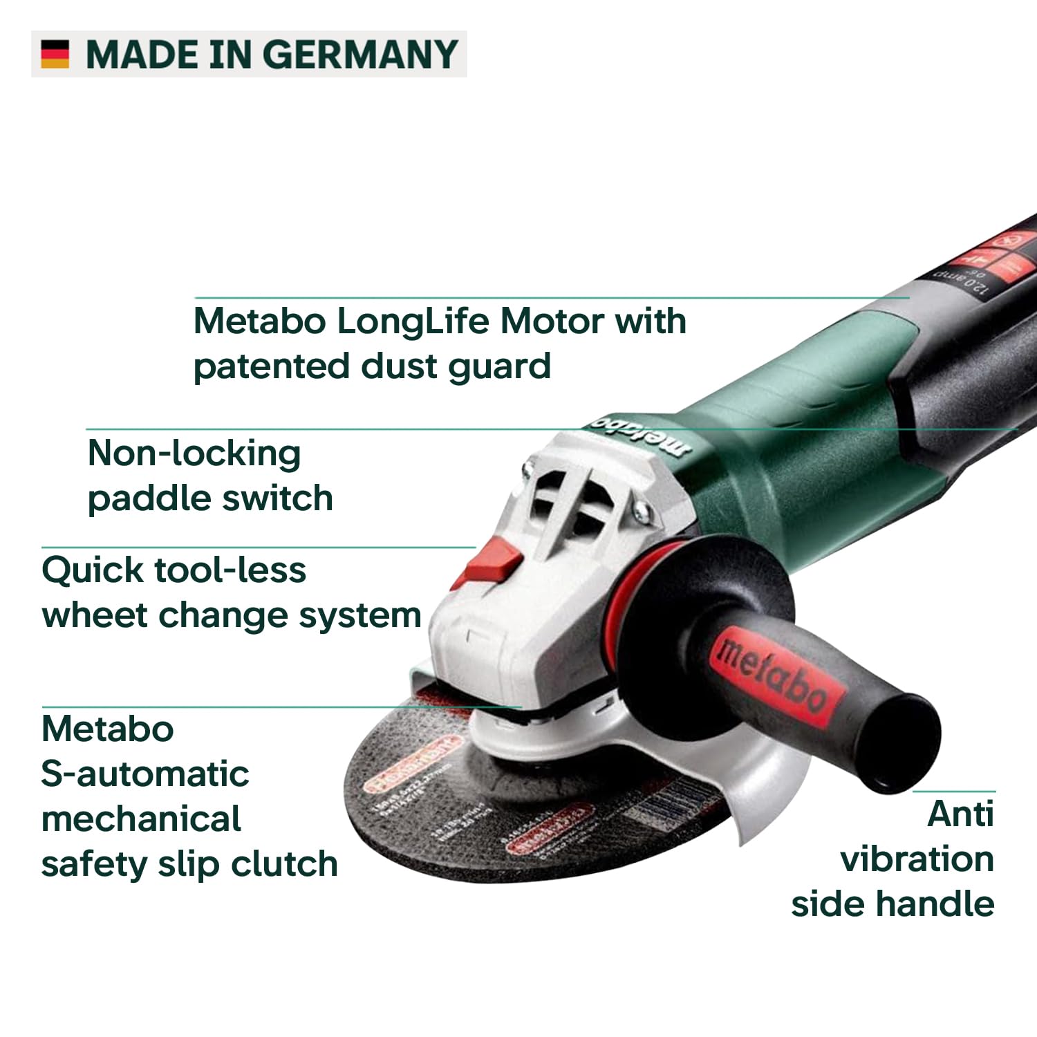 Metabo Angle Grinder 6", 12 AMP Motor, 10,000 RPM Grinder Tool, Compact Metal Cutter Made in Germany, Variable Speed, Electric Grinder, Tool-free adjustable guard, WP 13-150 Quick, 603633420