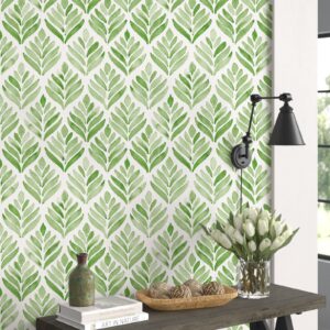 HAOKHOME Boho Peel and Stick Wallpaper Floral Tulip Leaves Green/White Removable Bathroom Kitchen Contact Paper Home Wall Decor 17.7in x 9.8ft