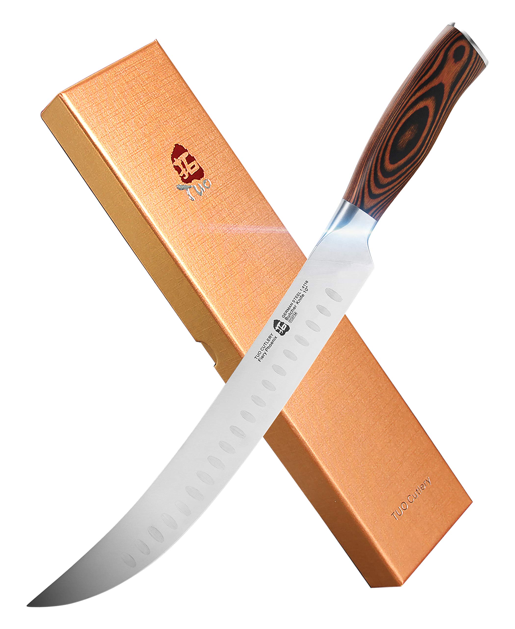 TUO Cimitar Butcher Knife - 10 inch Breaking Cimitar Knives Curved Slicing Carving Knife Pro Meat Cleaver Chopping Knife - German HC Steel Full Tang Pakkawood handle - Fiery Series Gift Box Included