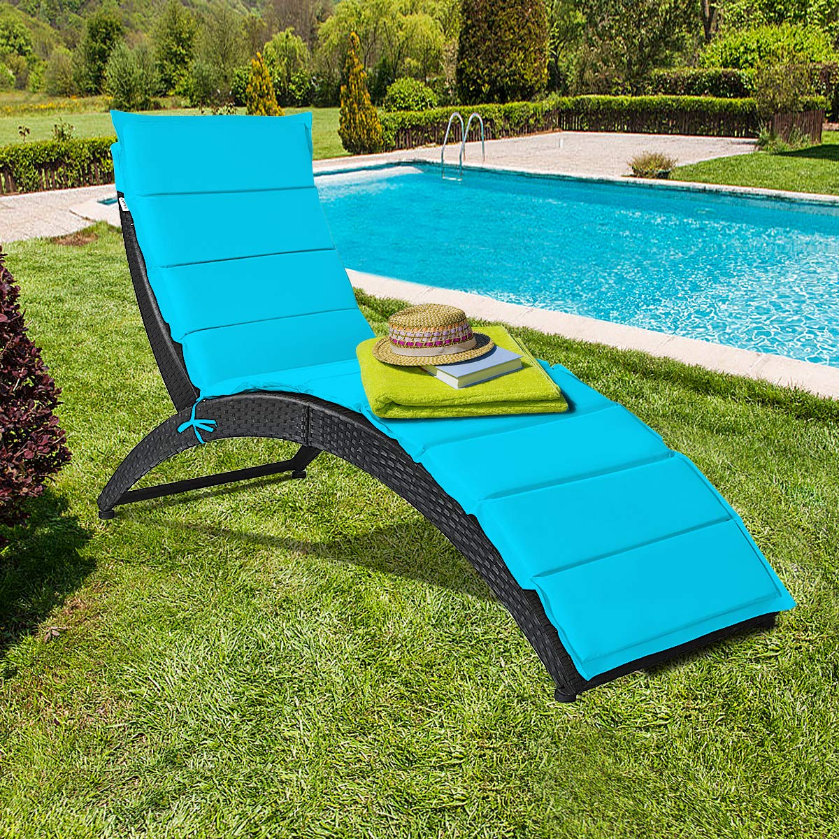 Tangkula Foldable Patio Lounge Chair, Outdoor Rattan Lounger Chaise, Portable Patio Chaise with Cushion, All-Weather Wicker Furniture for Garden Lawn Balcony Backyard Poolside (1, Turquoise)