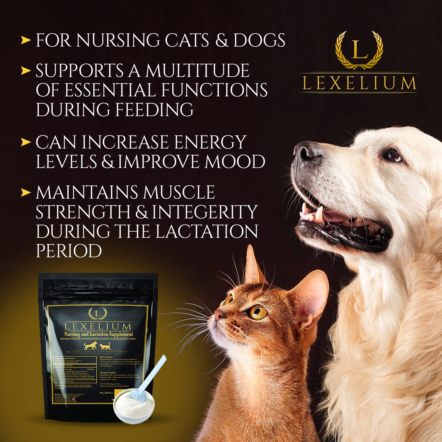 Lexelium Nursing Supplement and Vitamins for Nursing Dogs and Cats - Nursing, Lactation and Recovery Supplement for Breeders - Muscle & Mental Development for Puppies and Kittens - 200g