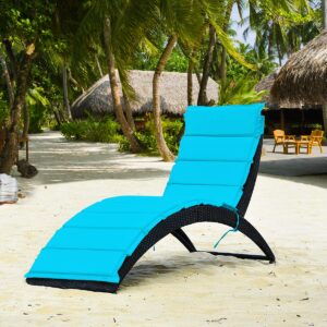 Tangkula Foldable Patio Lounge Chair, Outdoor Rattan Lounger Chaise, Portable Patio Chaise with Cushion, All-Weather Wicker Furniture for Garden Lawn Balcony Backyard Poolside (1, Turquoise)